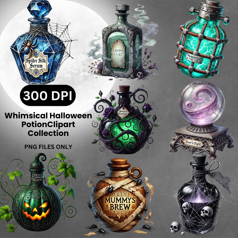 Halloween Potion Bottle Clipart Bundle: 15 Witchy PNG Graphics (digital ...