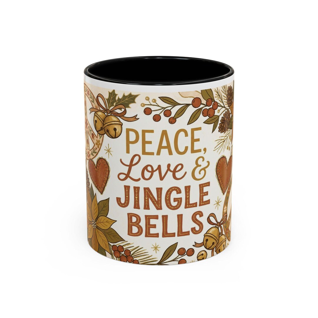 Peace Love & Jingle Bells Accent Coffee Mug | Christmas Holiday Mug - Etsy