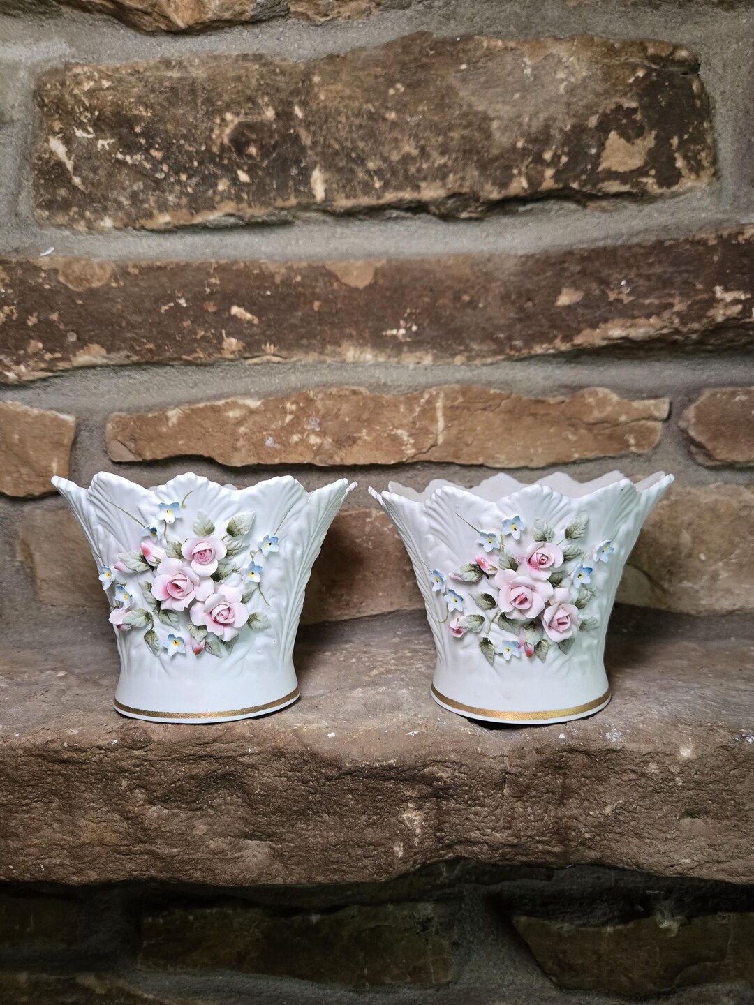 Vintage Lefton China Vase Set: Pink Rose & Blue Posies, Gold Trim - Etsy