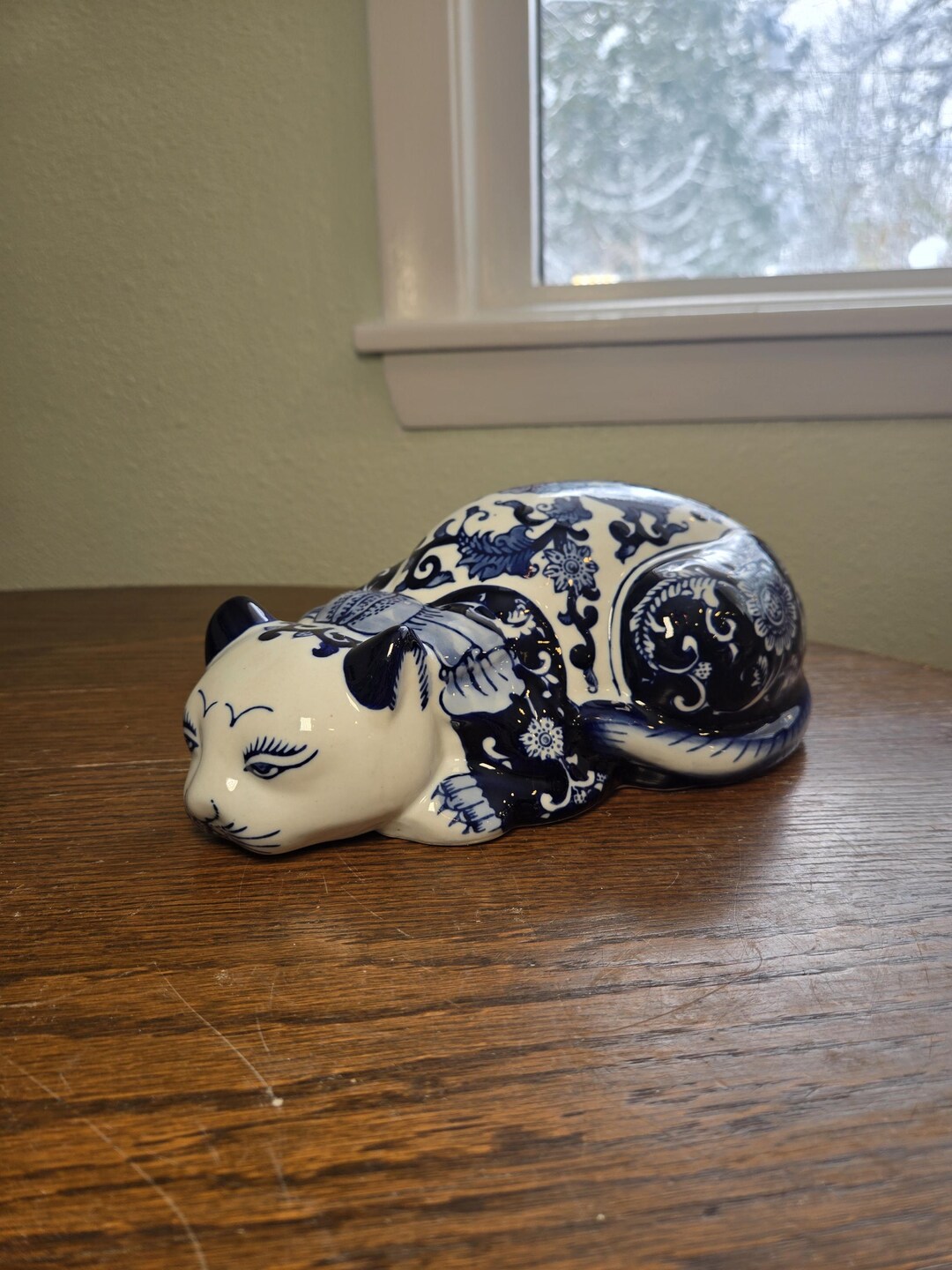 Vintage Chinoiserie Cat Figurine, Blue Floral Pattern - Etsy