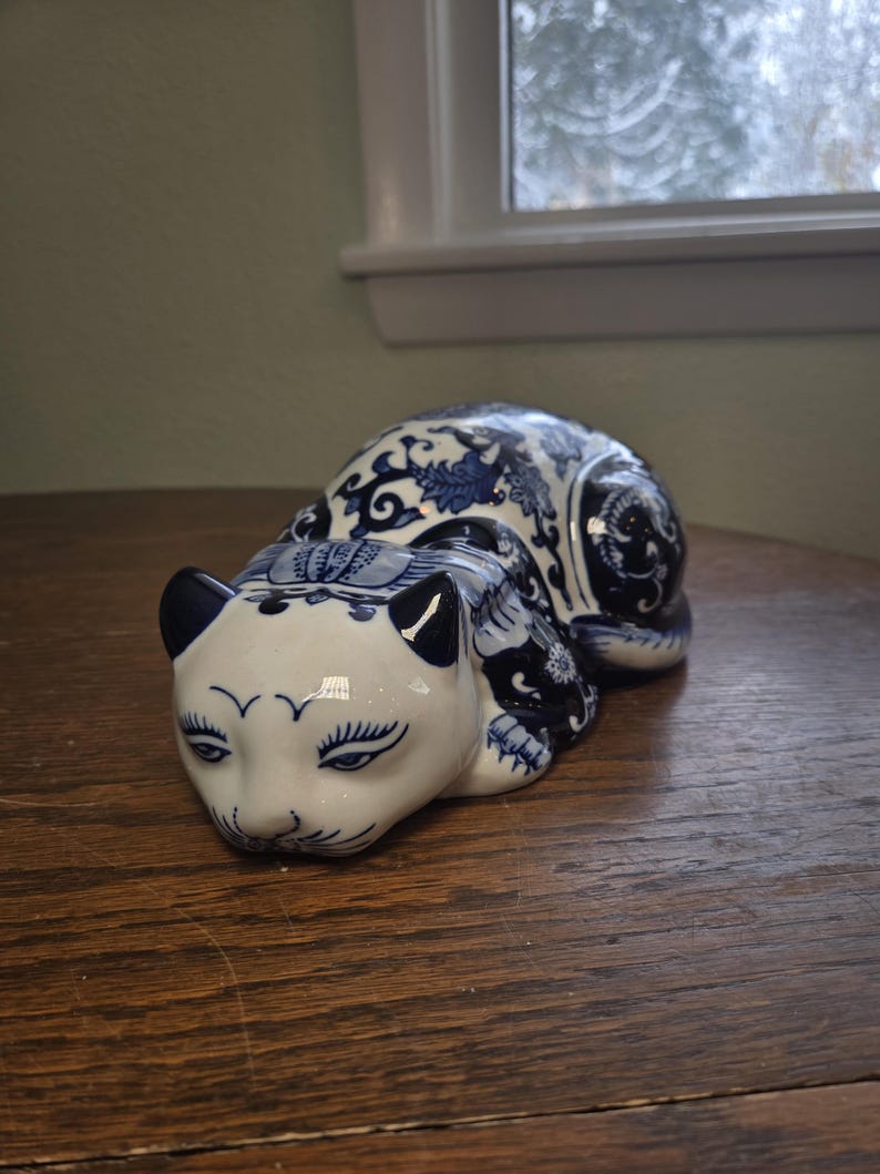 Vintage Chinoiserie Cat Figurine, Blue Floral Pattern - Etsy