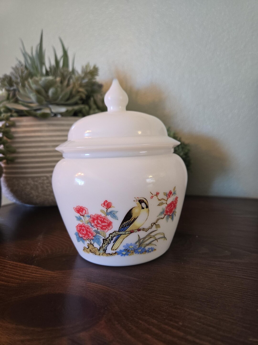 Vintage Avon Dynasty Milk Glass Ginger Jar: Bird & Floral Decor, 1970s ...