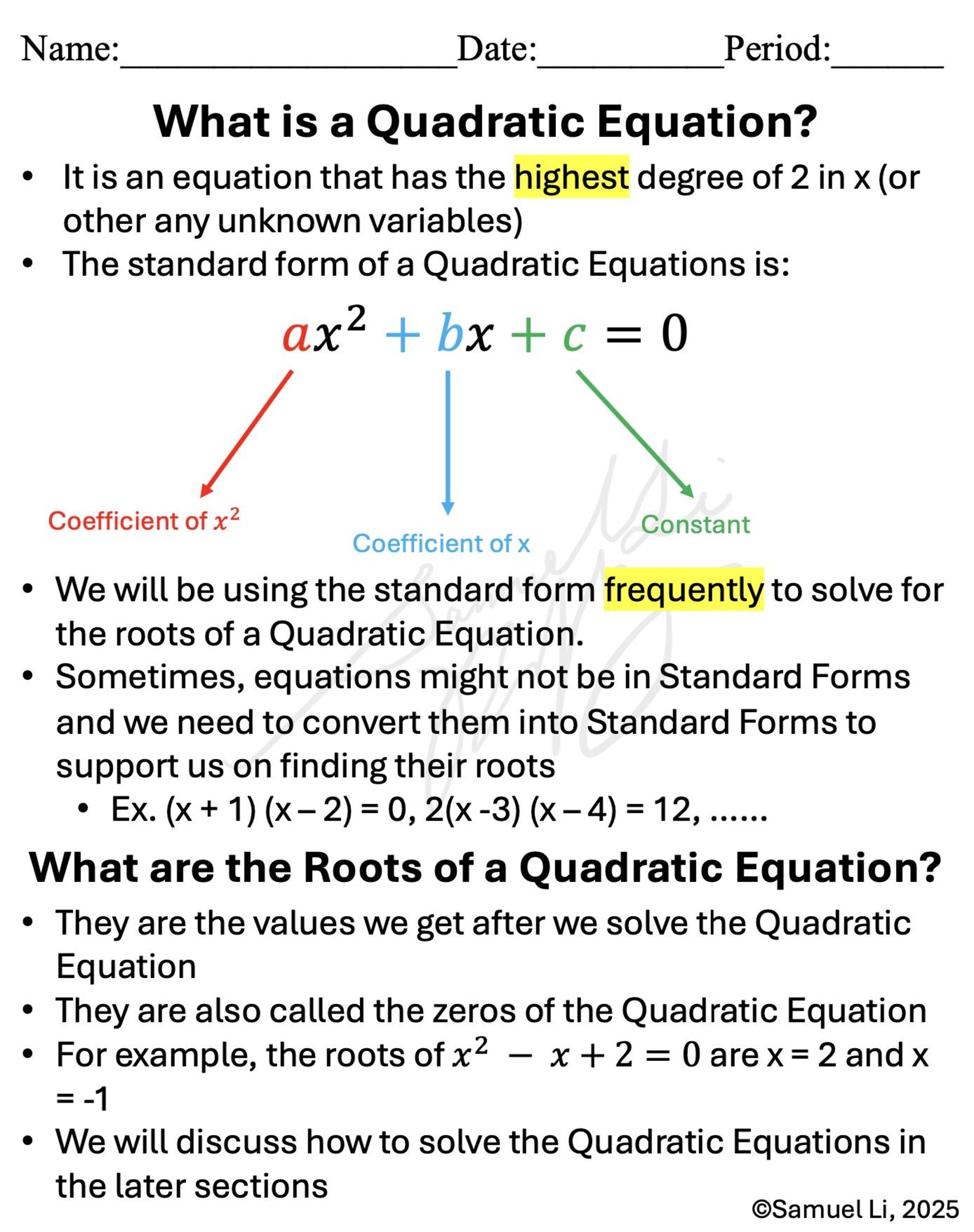 Algebra 1 "quadratic Equations" Study Guide - Digital Study Guide - 7th ...