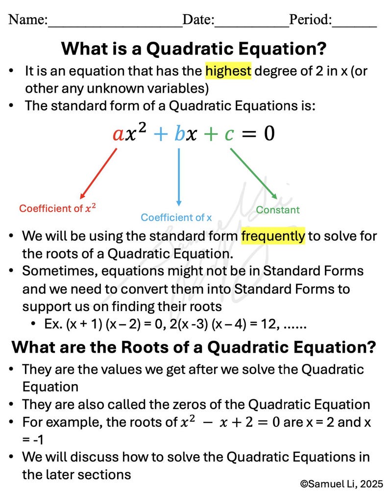 Algebra 1 "quadratic Equations" Study Guide - Digital Study Guide - 7th ...