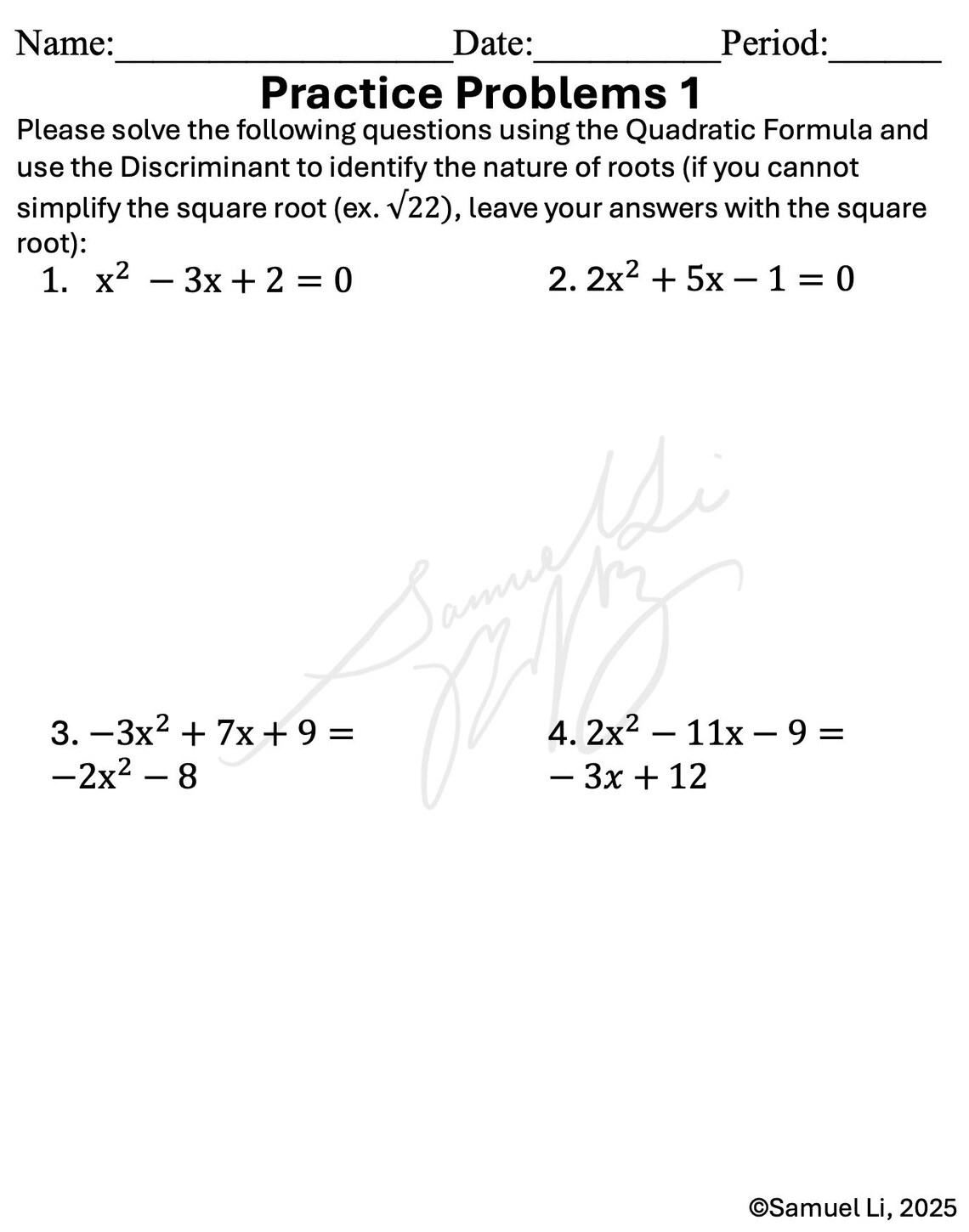 Algebra 1 "quadratic Equations" Study Guide - Digital Study Guide - 7th ...