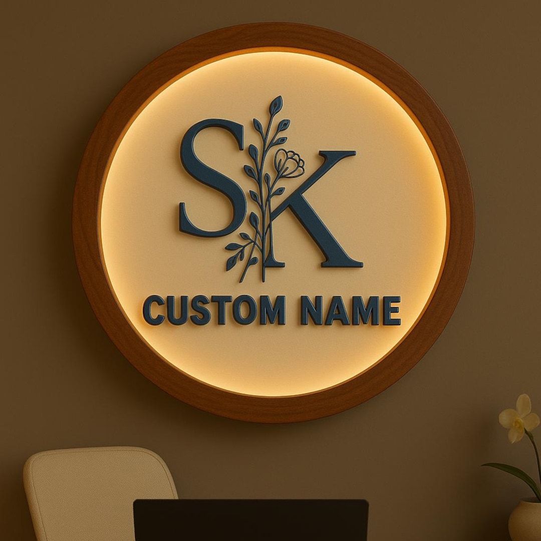 3D Wooden Logo Sign, Personalized Round Floral Initials Wall Decor ...