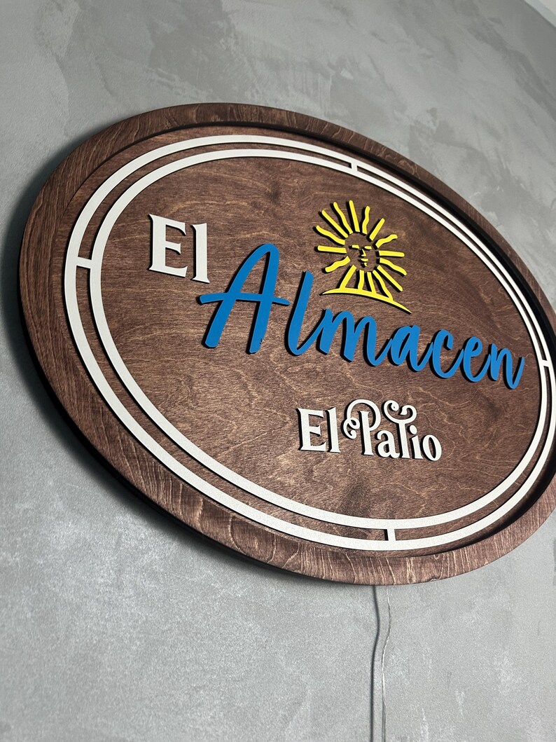 Letrero LED de Madera para Restaurante con Luz Cálida, Logo Ovalado ...