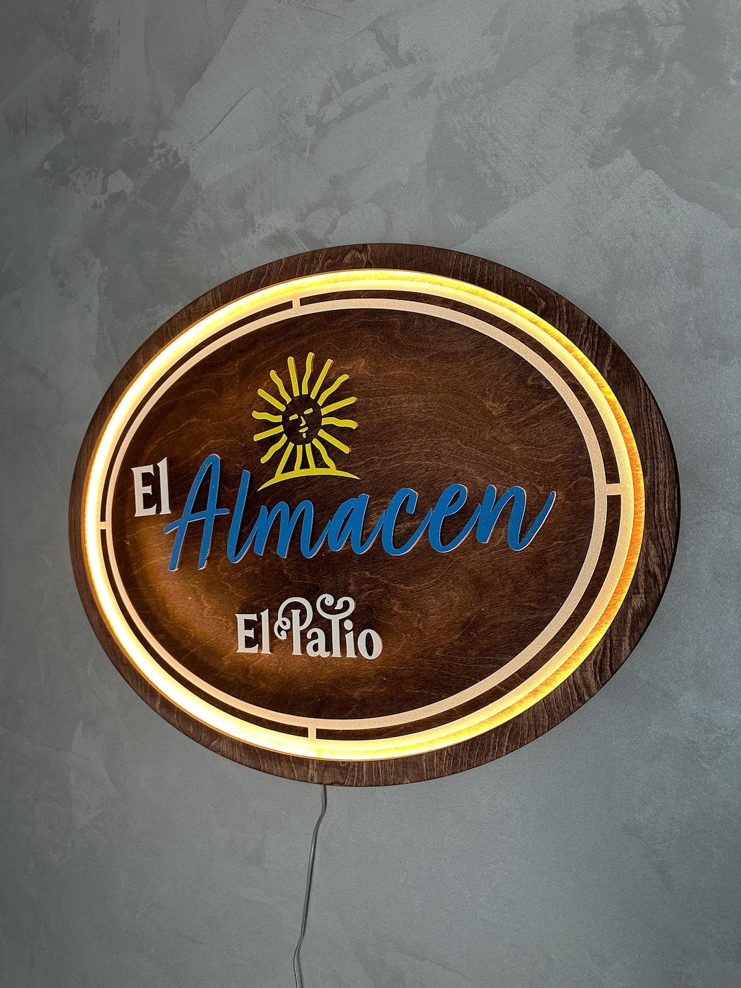 Letrero LED de Madera para Restaurante con Luz Cálida, Logo Ovalado ...