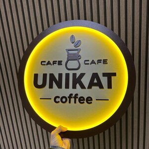 Cafe Logo Sign With LED Backlight, Round Wooden Coffee Shop Logo for ...