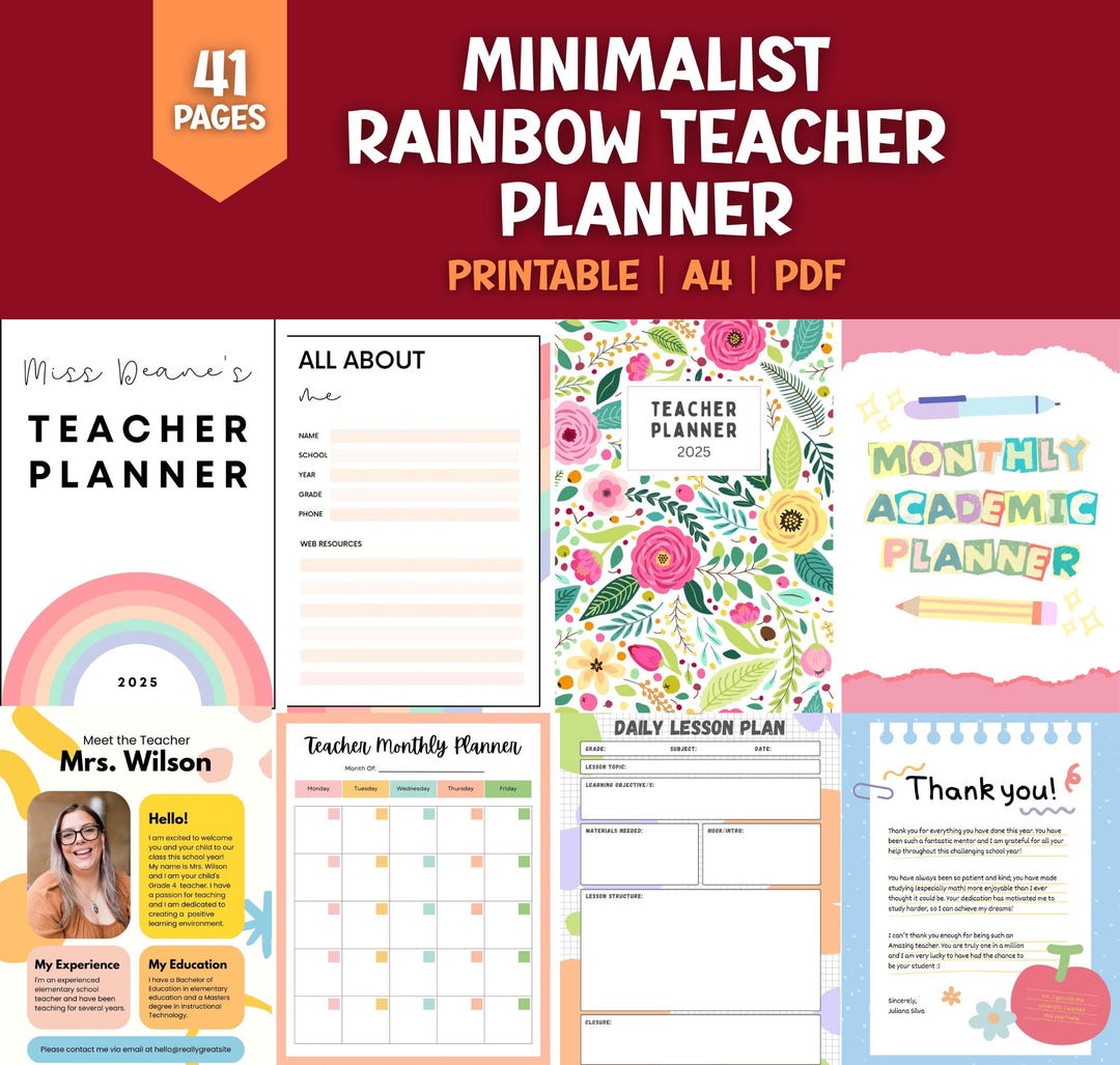 Teacher Planner Printable (rainbow), Undated Teaching Binder, Lesson ...