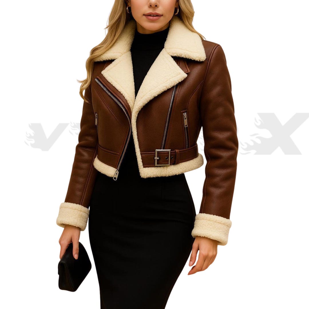 Women's Short Leather Motorcycle Jacket With Cream Faux Fur Collar ...