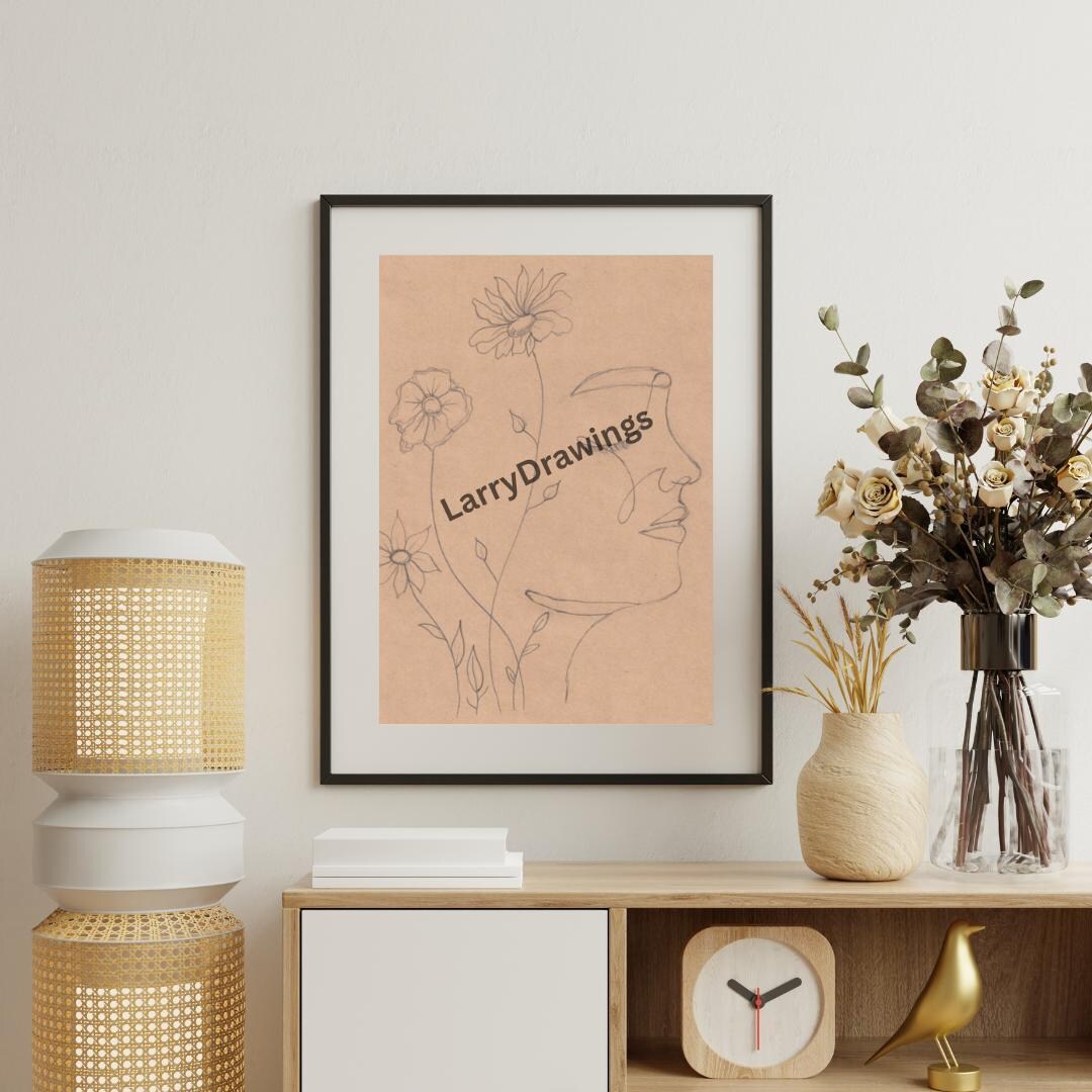 Floral Face Line Art Drawing – Hand-drawn Minimalist Woman With Flowers ...