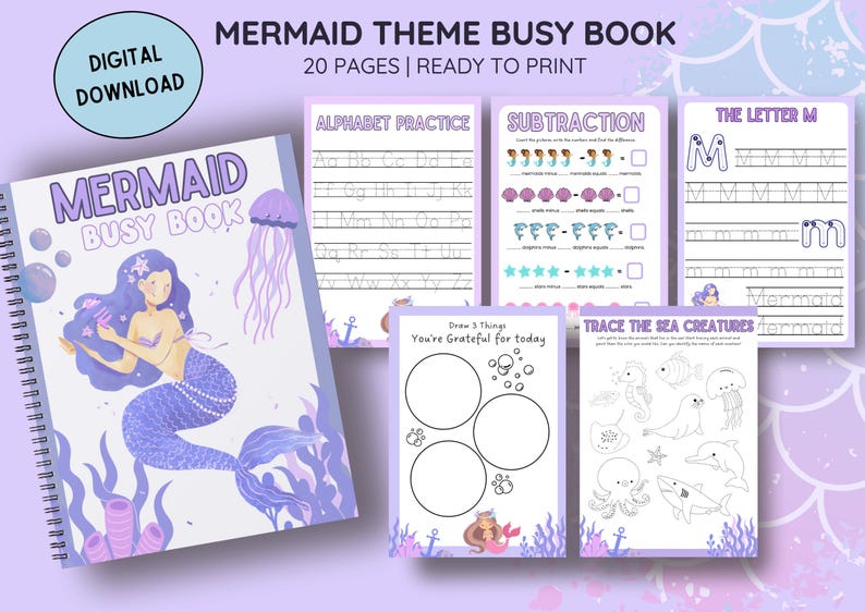 Mermaid-themed Busy Book | Educational Worksheets for Kids - Etsy
