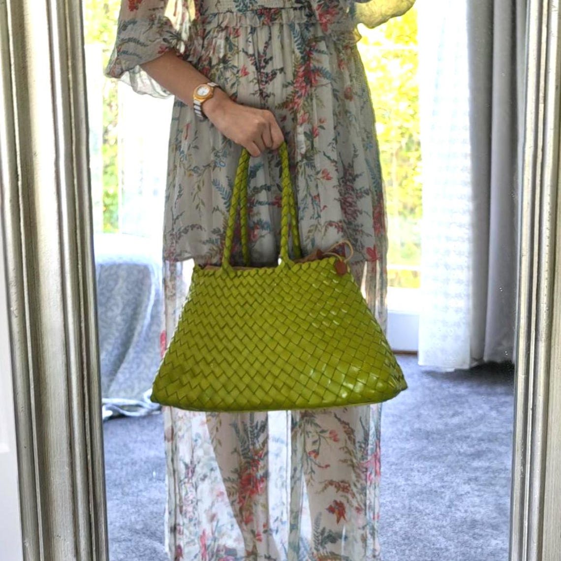 Handwoven Calf Leather Tote Bag | Chartreuse Green Basket Weave Handbag ...
