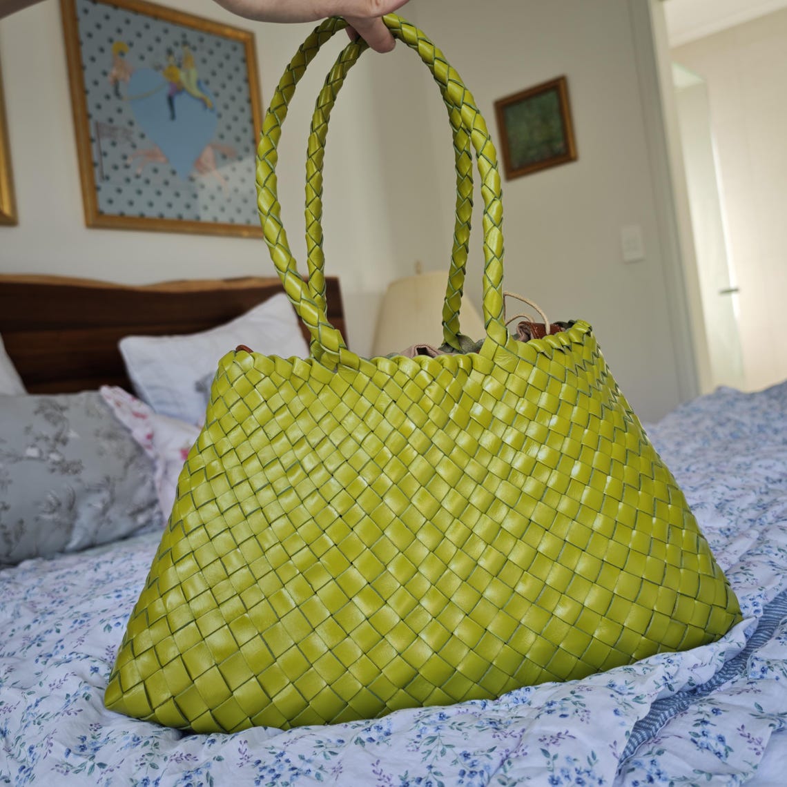 Handwoven Calf Leather Tote Bag | Chartreuse Green Basket Weave Handbag ...