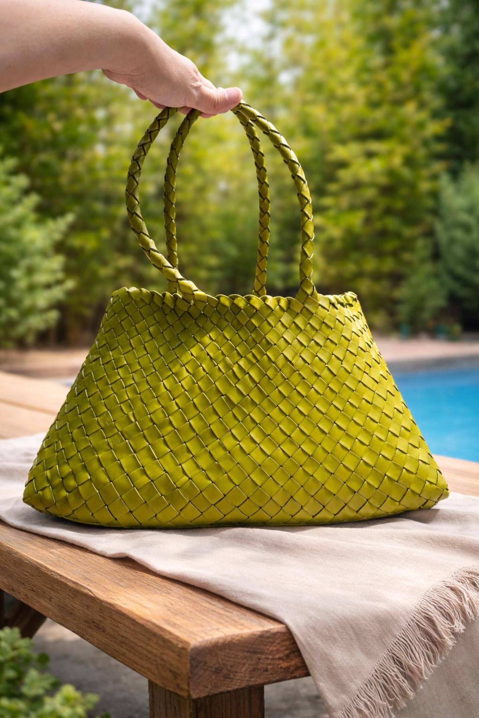 Handwoven Calf Leather Tote Bag | Chartreuse Green Basket Weave Handbag ...