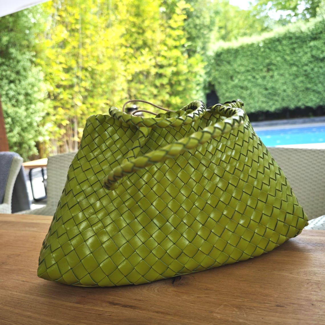 Handwoven Calf Leather Tote Bag | Chartreuse Green Basket Weave Handbag ...