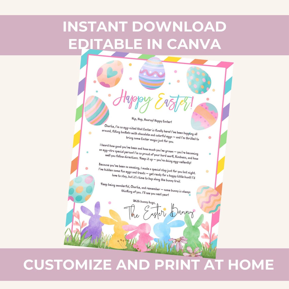 Editable Easter Bunny Letter for Kids, Custom Printable Note From the ...