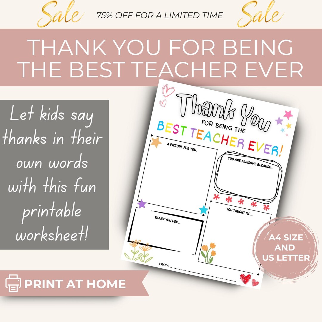 Teacher Appreciation Worksheet | Thank You Gift From Student (PDF) - Etsy