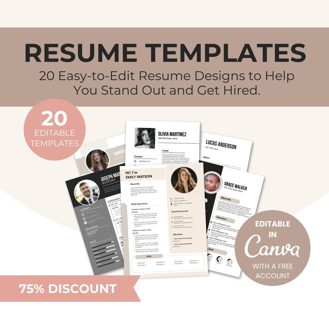 20 Editable Resume Templates | Professional Resume Bundle | Instant ...