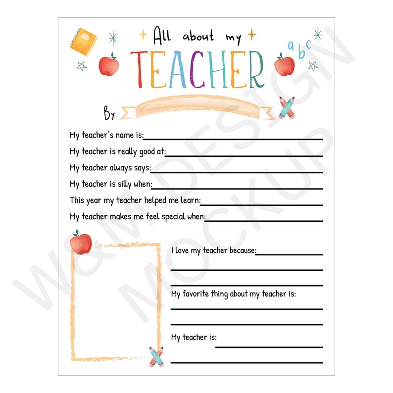 All About My Teacher Printable | Teacher Appreciation Worksheet Size 8. ...