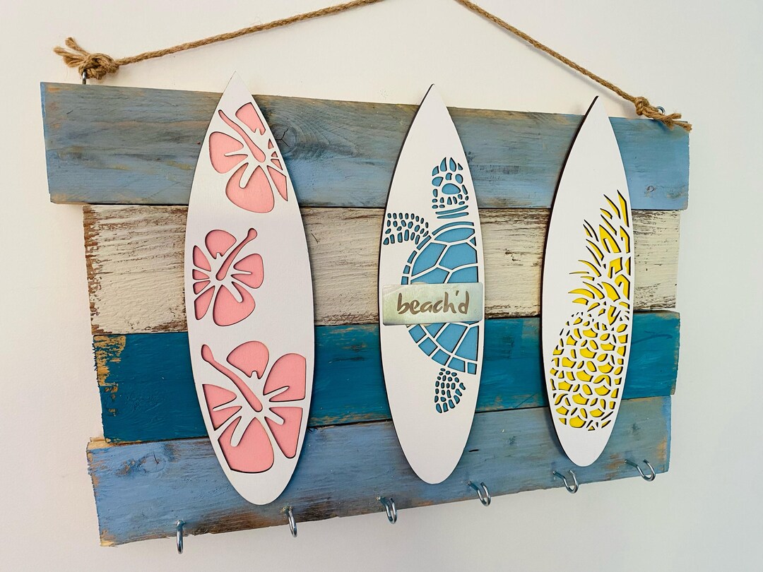 Recycled Wood Key Ring Rack With Surfboards Design - Coastal Home Decor ...