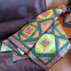 Bright Modern Quilted Batik Couch Throw Tablecloth Greens Orange Peach ...