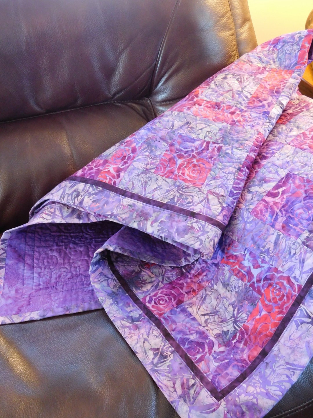 Beautiful Batik Lap Quilt Couch Throw in Lavenders Purples and Fuchsias ...