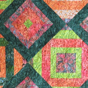 Bright Modern Quilted Batik Couch Throw Tablecloth Greens Orange Peach ...