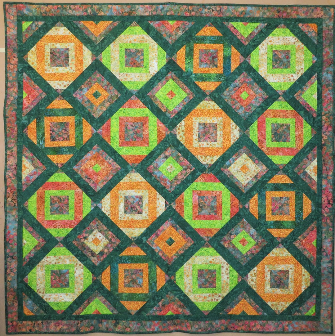 Bright Modern Quilted Batik Couch Throw Tablecloth Greens Orange Peach ...