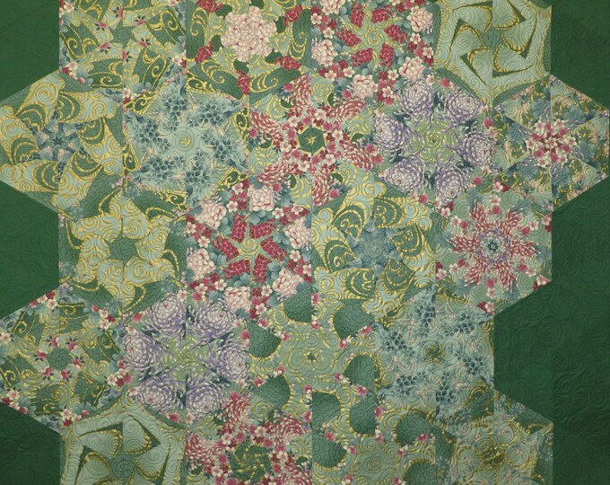Hexagon Quilted Couch Throw Lap Quilt Oriental Green Gold Lavender ...
