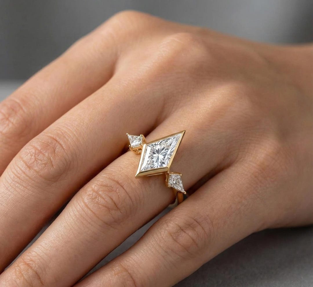 Kite Cut Moissanite Engagement Ring • 14K Solid Gold Bezel Set Ring ...