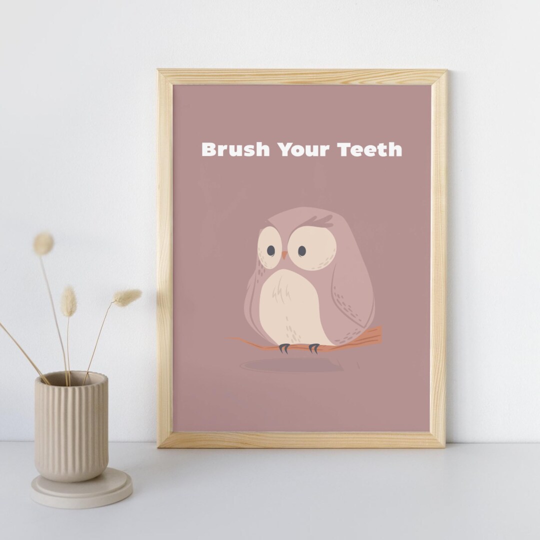 Brush Your Teeth Owl Wall Art, Printable Bathroom Decor for Kids, Cute ...