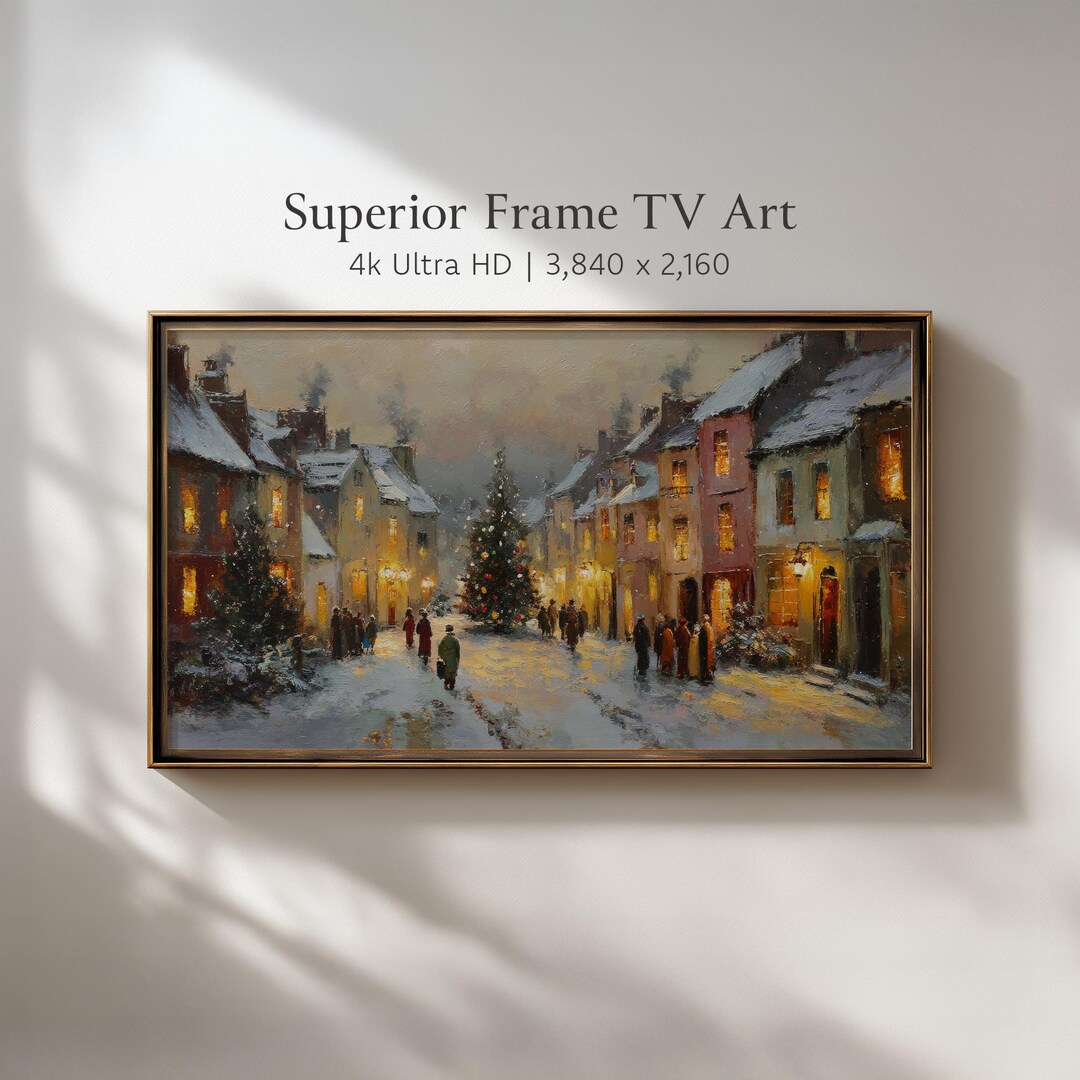 Vintage Christmas Village Samsung Frame TV Painting, Cozy Winter Xmas ...
