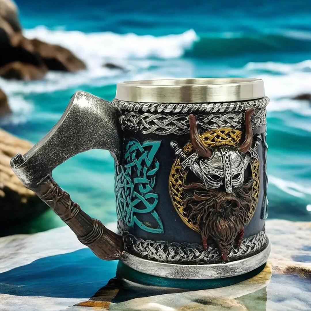 Viking Stainless Steel Single Handle Horn Skull Beer Stein Cup, Nordic ...