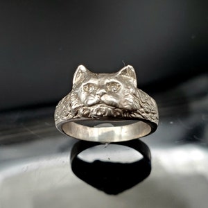 Beautifully Detailed Sterling Silver Cat Ring With Genuine Diamond Eyes ...