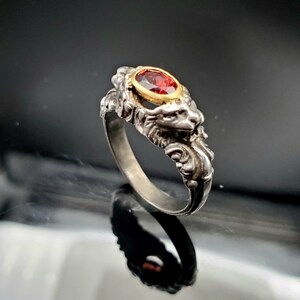 Beautifully Detailed Sterling and 14K Gold Lions Ring With Rhodolite ...