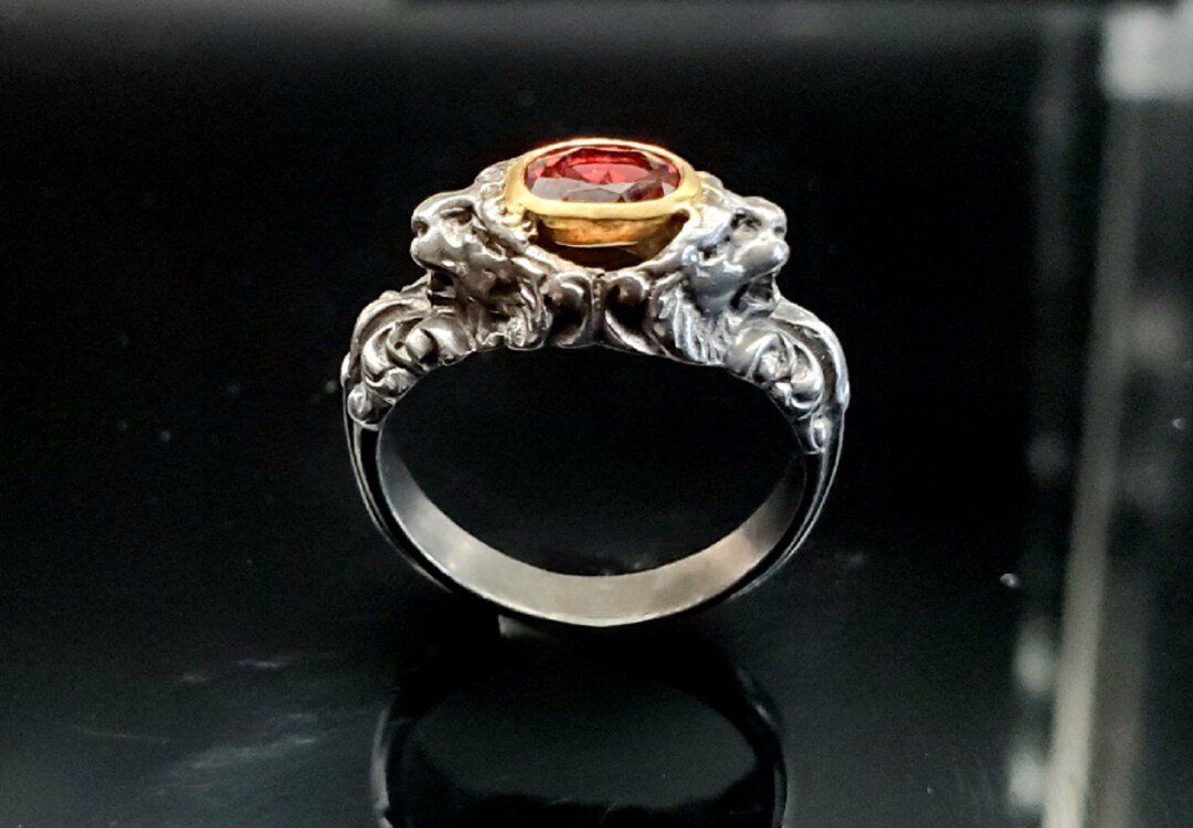 Beautifully Detailed Sterling and 14K Gold Lions Ring With Rhodolite ...