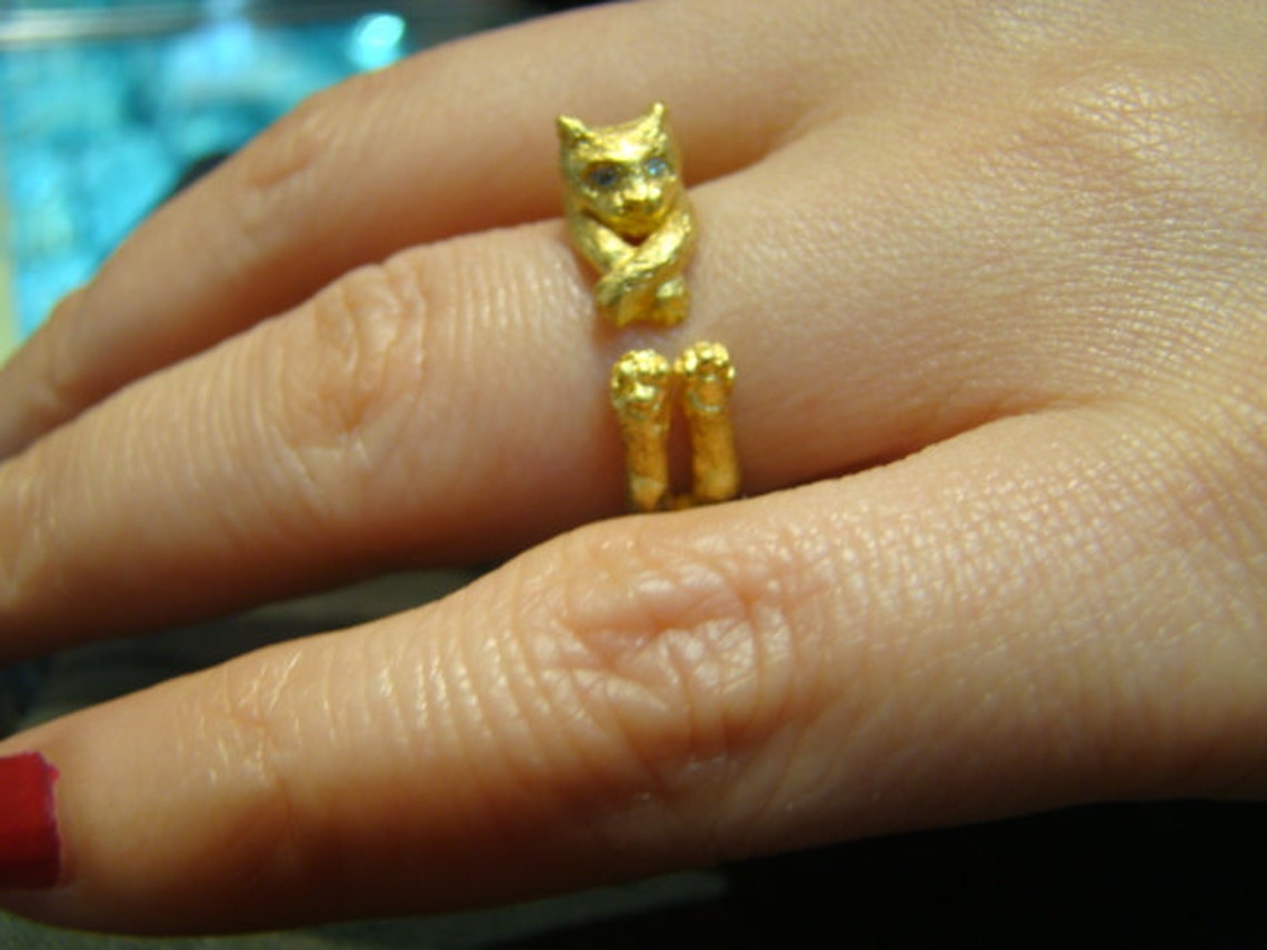 14k Gold Very Unique Cat Ring With Diamond Eyes - Etsy