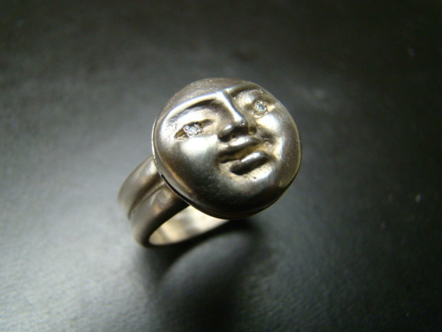 Sterling Silver Moon Face Ring With Genuine Diamond Eyes - Etsy