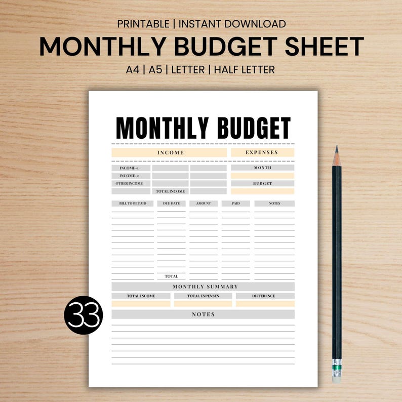Printable Monthly Budget Planner Sheet Digital Finance Organizer Income ...