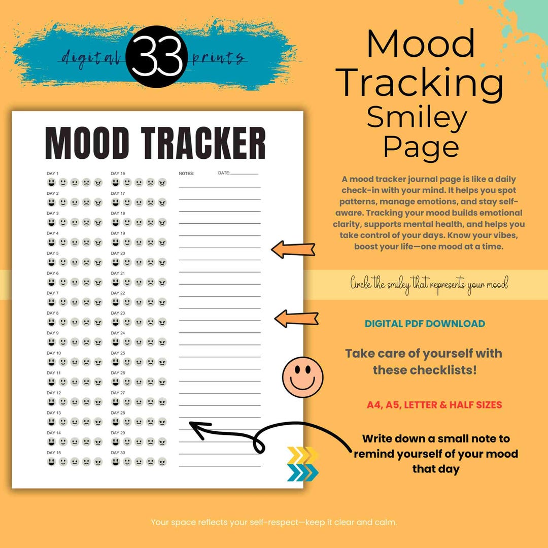 Mood Tracker 4 Sizes Printables 30 Day Mental Health Self Care Journal ...