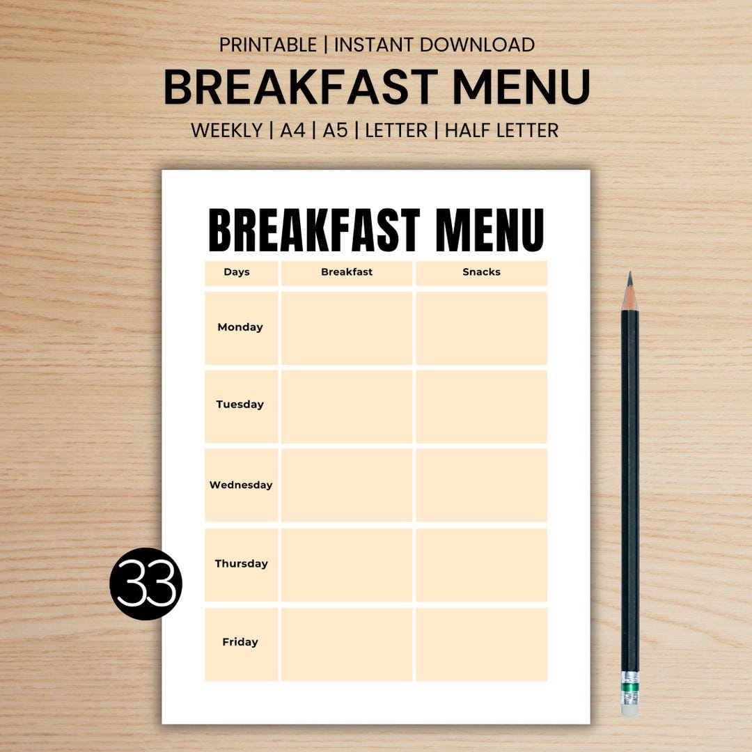 Printable Breakfast Menu Weekly Morning Meals Snack Planning A4 A5 ...