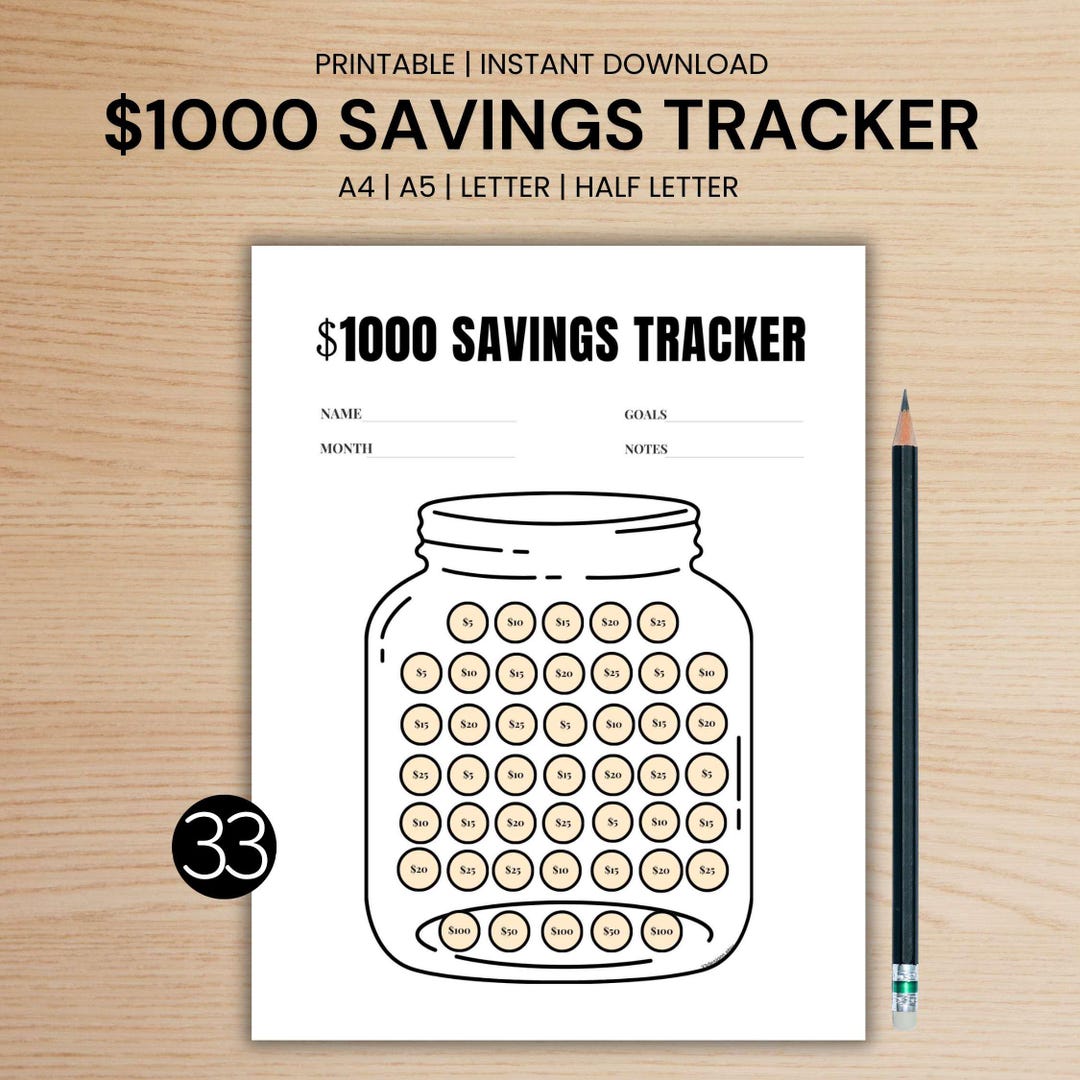 1000 Dollar Savings Challenge Printable Tracker Jar Goal Sheet Money ...
