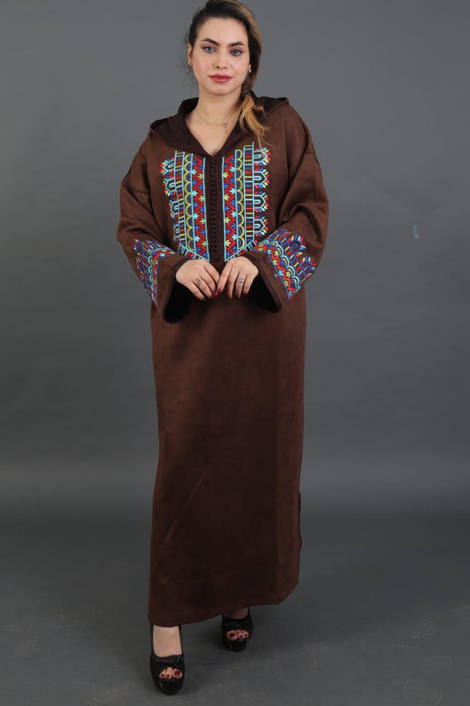 Moroccan Hooded Djellaba for Women, Handmade Embroidered Kaftan Dress ...