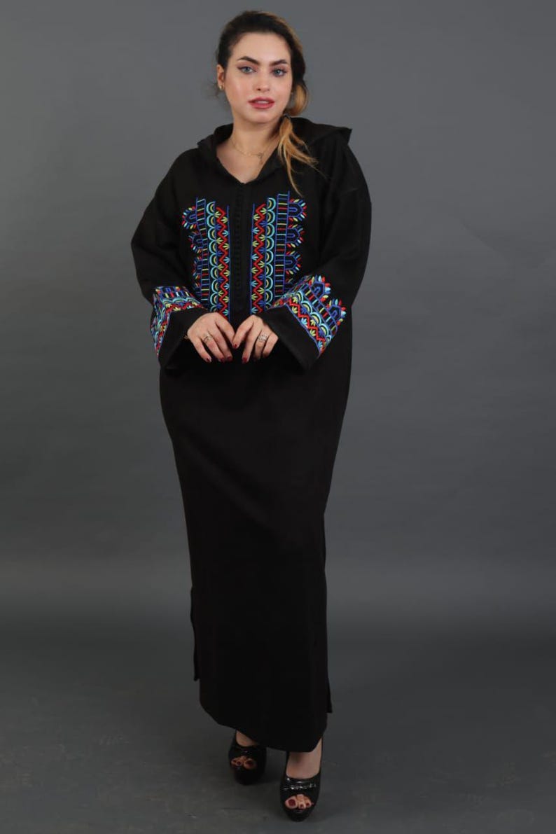 Moroccan Hooded Djellaba for Women, Handmade Embroidered Kaftan Dress ...