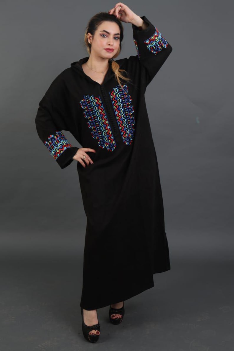 Moroccan Hooded Djellaba for Women, Handmade Embroidered Kaftan Dress ...
