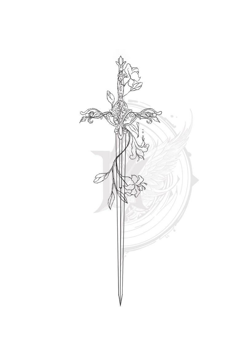Blade of the Blooming Oath Tattoo Design | Floral Sword & Botanical Art ...