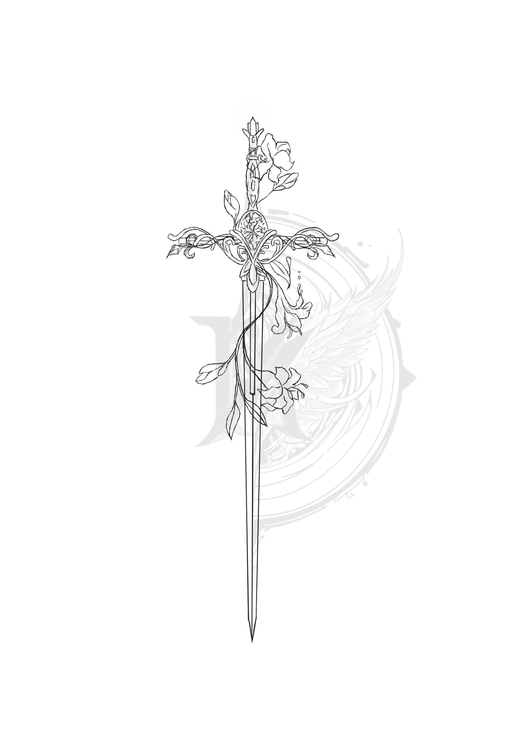 Blade of the Blooming Oath Tattoo Design | Floral Sword & Botanical Art ...