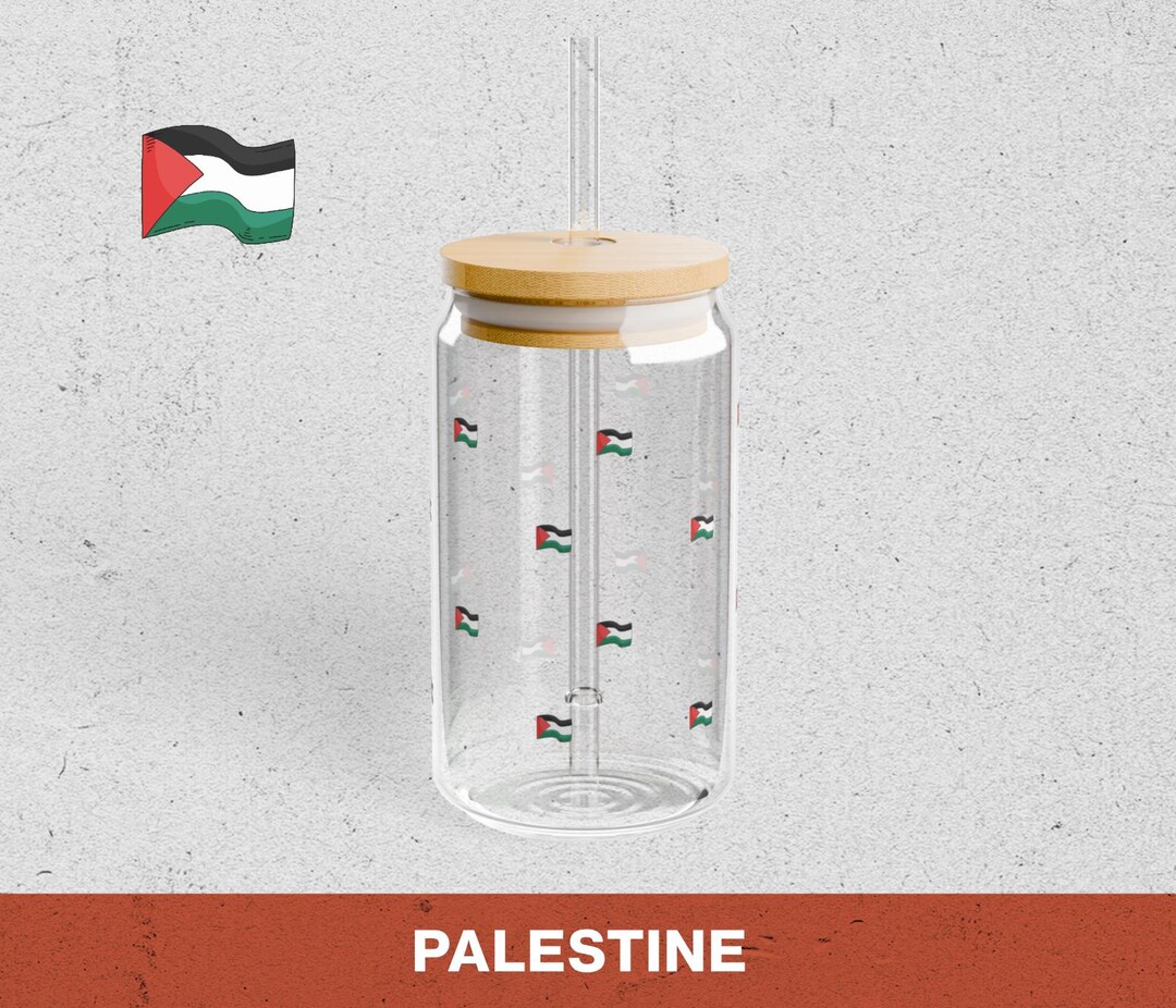 Palestine Flag, 16oz Glass Tumbler With Straw and Lid, Iced Coffee ...